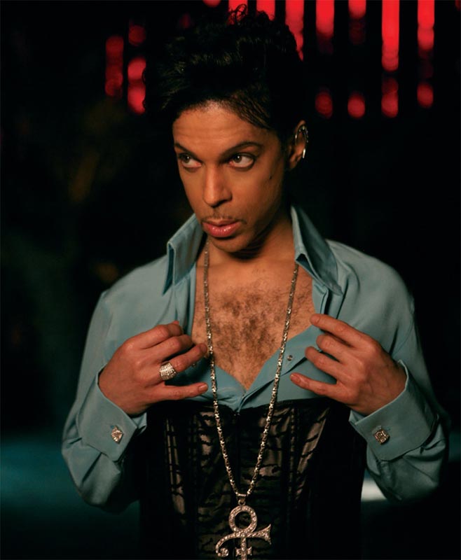 Prince Portrait in Open Blue Shirt and Corset, Las Vegas, 2007